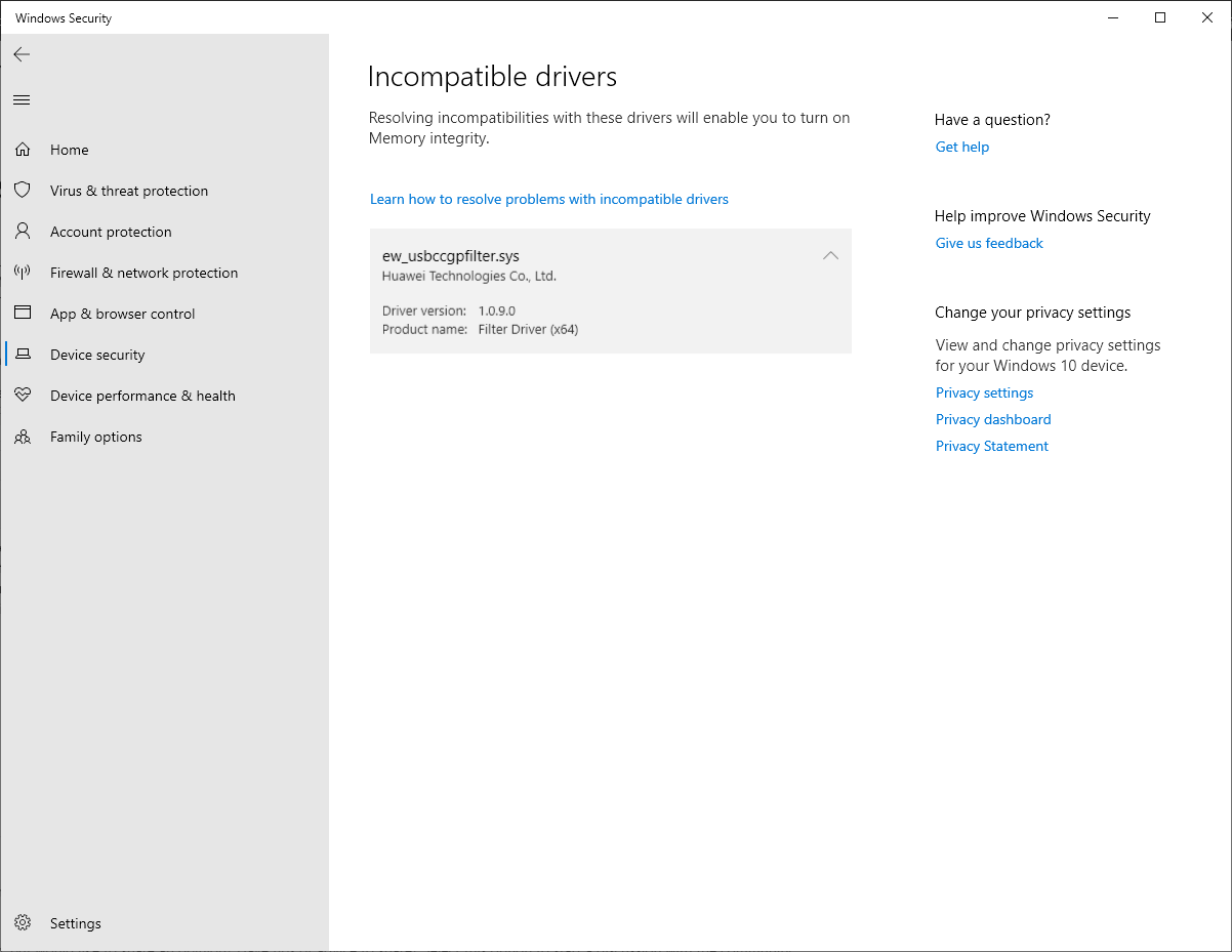 Incompatible driver for Memory integrity without a publlisher name ...