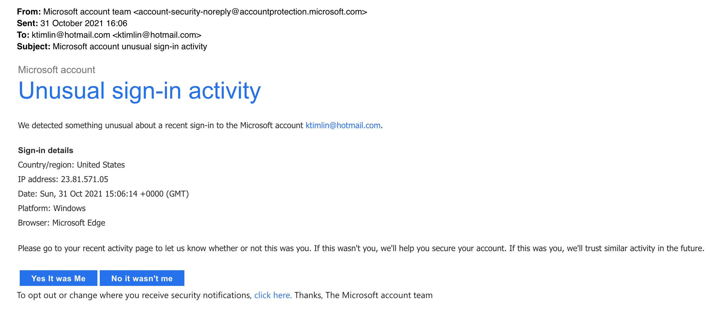 Unusual activity messages in Junk mail from ******@accountprotection ...