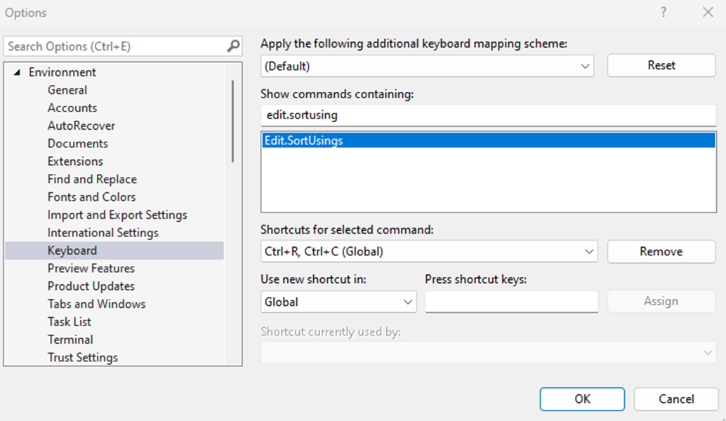 Hotkey Edit.SortUsings doesn't work with my updated Visual Studio - Microsoft Q&A
