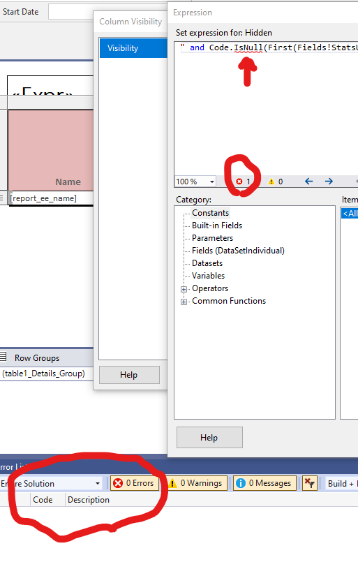 Custom Function Created Under Report Properties Code Section Shows As Error In Column Visibility 3482