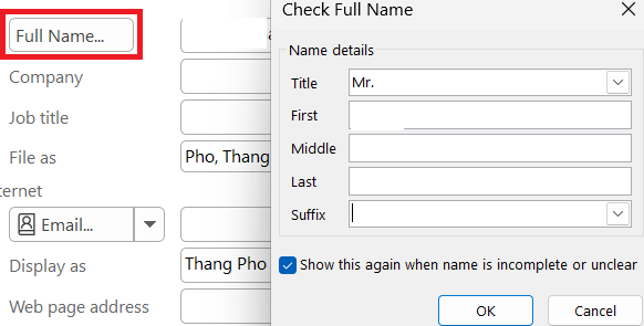 How to show First Name and Last Name in Outlook contact card? Why now ...