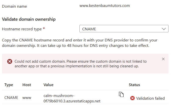 Static Web App, Custom Domain Validation Error - Microsoft Q&A