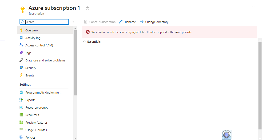 Azure Subscription: We couldn’t reach the server, try again later ...