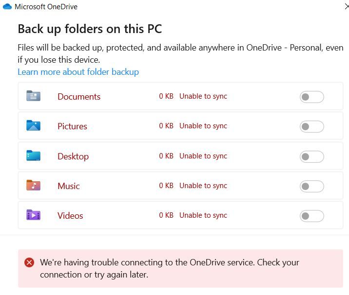 message- We're having trouble connecting to OneDrive service ...