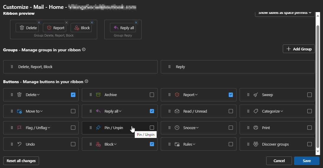 Outlook.com email "home" ribbon missing Pin / Unpin Button both on the ribbon and within ...