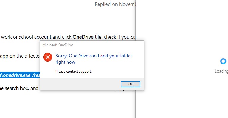 OneDrive error "Sorry, onedrive can't add your foler right now ...