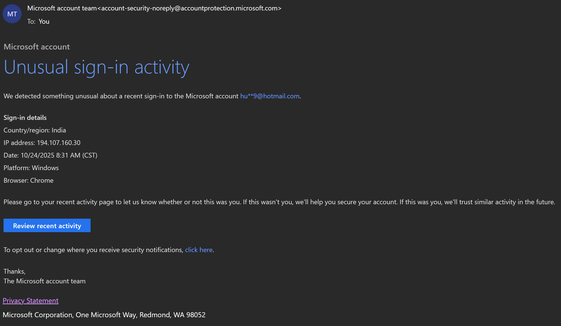 Unusual sign-in activity in India, account security locked, mobile ...