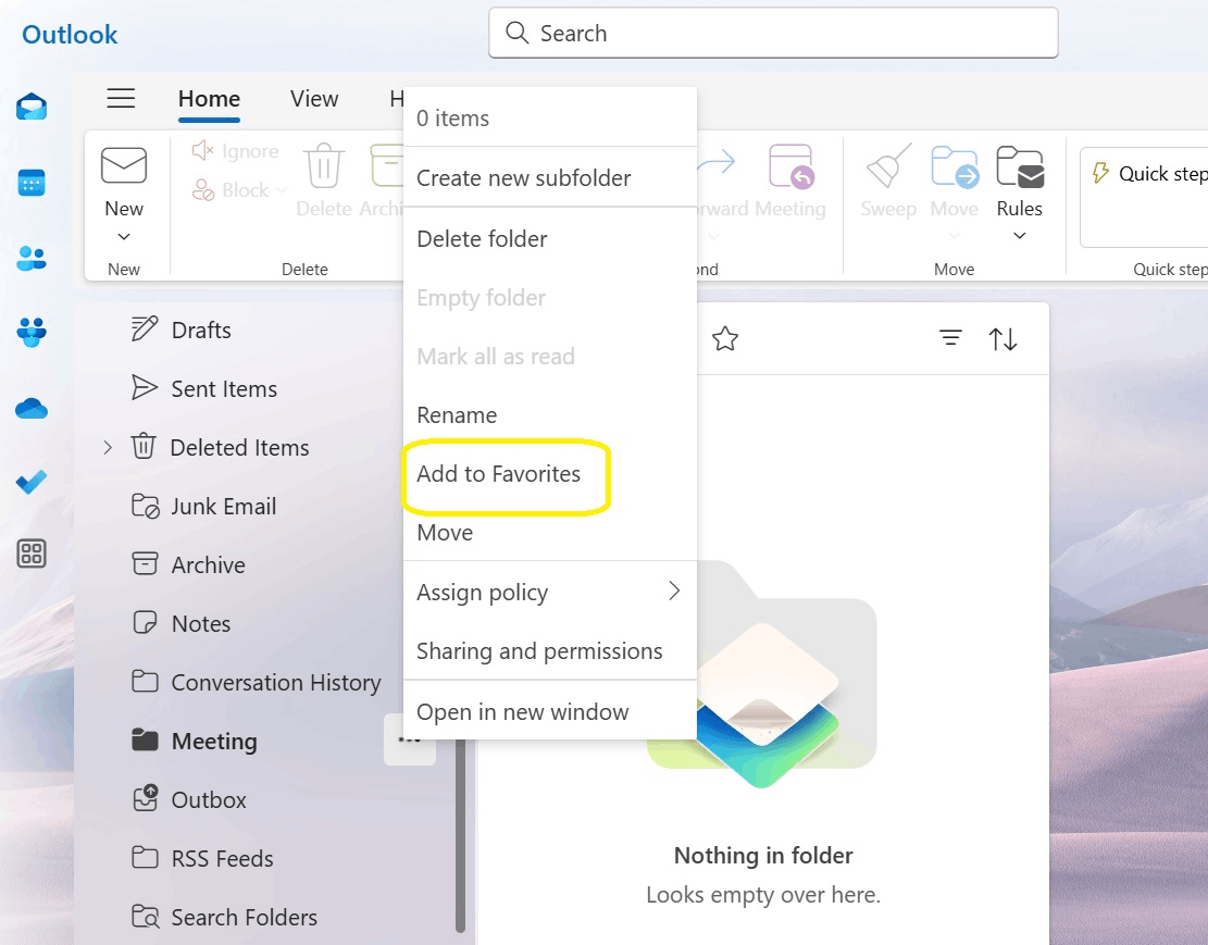 How do I pin Outlook favourites folders to the top of the screen (in ...