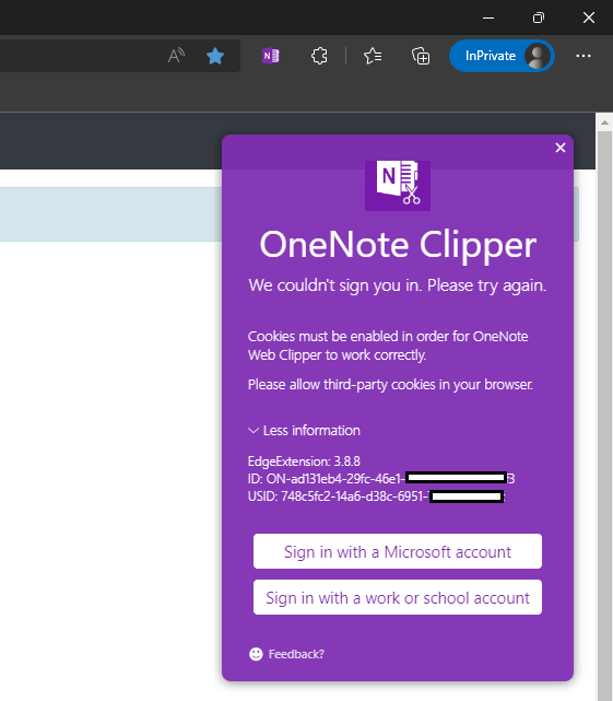 OneNote Web Clipper will not sign in to my 365 Business Account ...