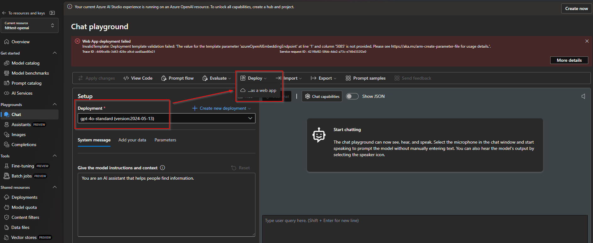 OpenAI Web App deployment failed - Microsoft Q&A