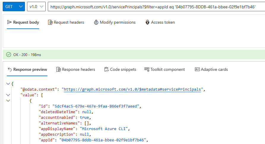Cannot retrieve Service Principal ObjectId from MicrosoftGraphExplorer ...