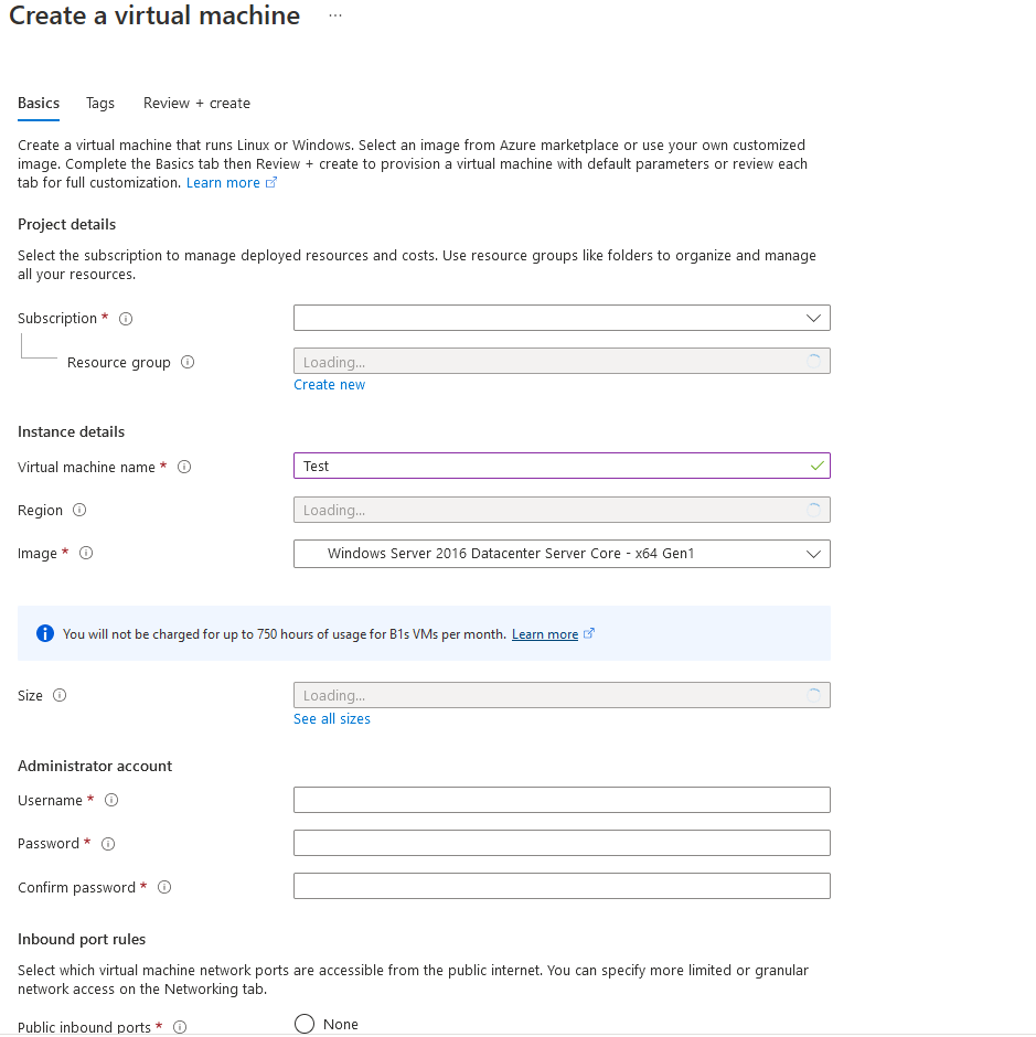 When I go to create a windows VM the option for size & Region is just ...