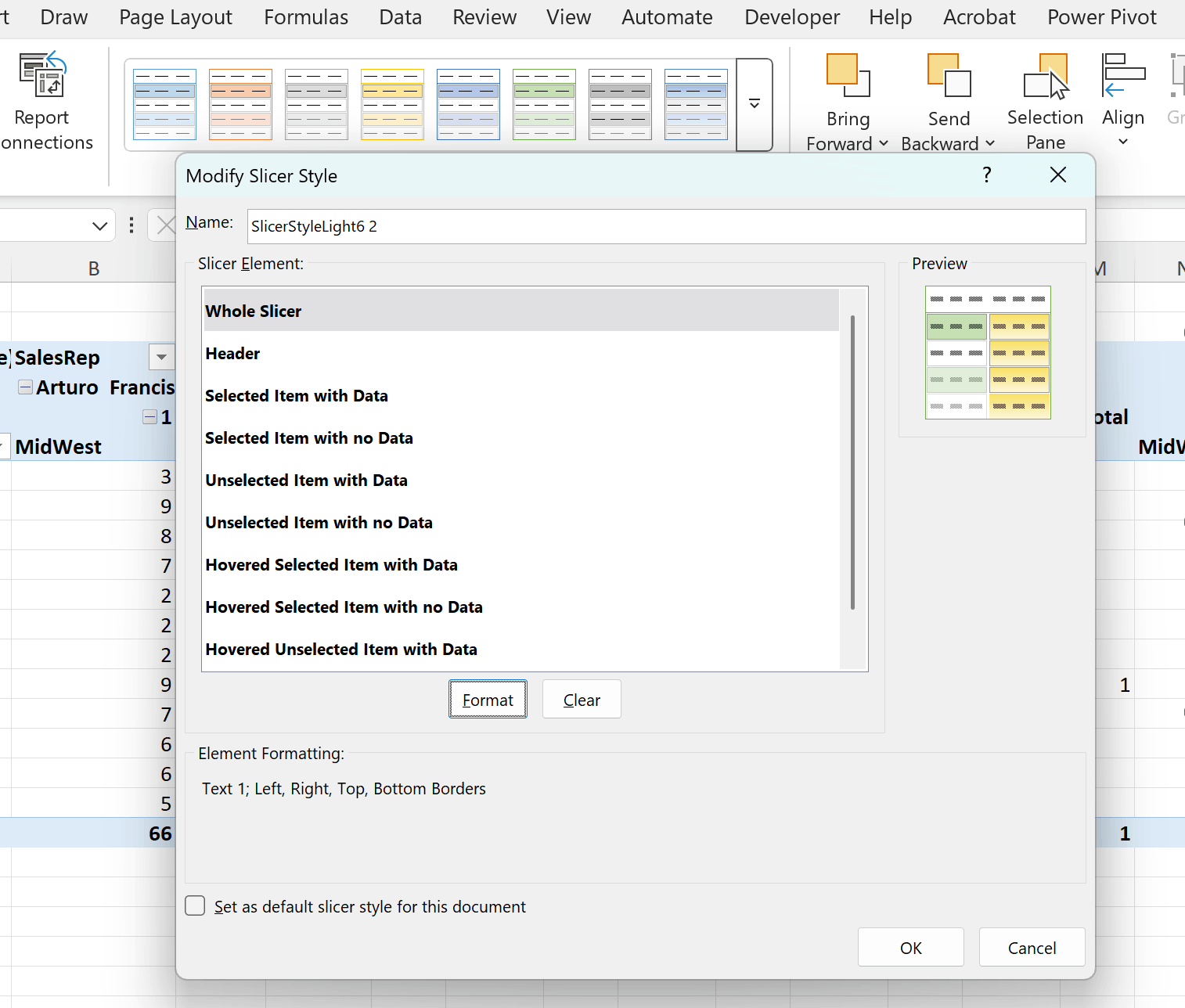 I’m having trouble editing the formatting of a slicer element; it ...