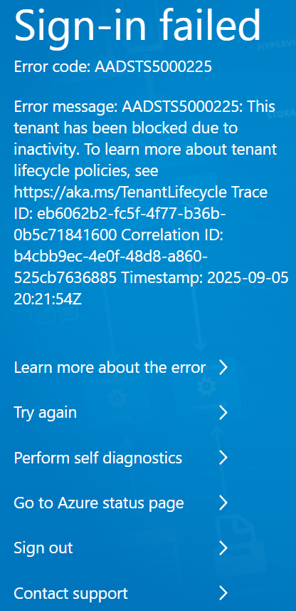 Azure Portal Login Error message: AADSTS5000225: This tenant has been ...