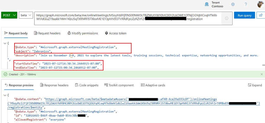Bad request (400) when creating OnlineMeeting registration when usingMSGraphClientV3 - Microsoft Q&A