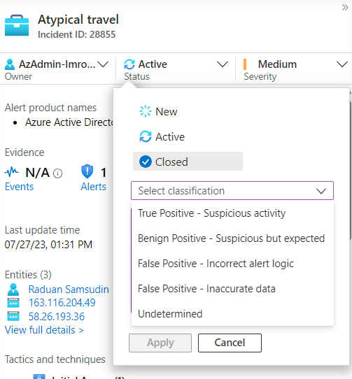 I would like an explanation on Sentinel's case closure. - Microsoft Q&A