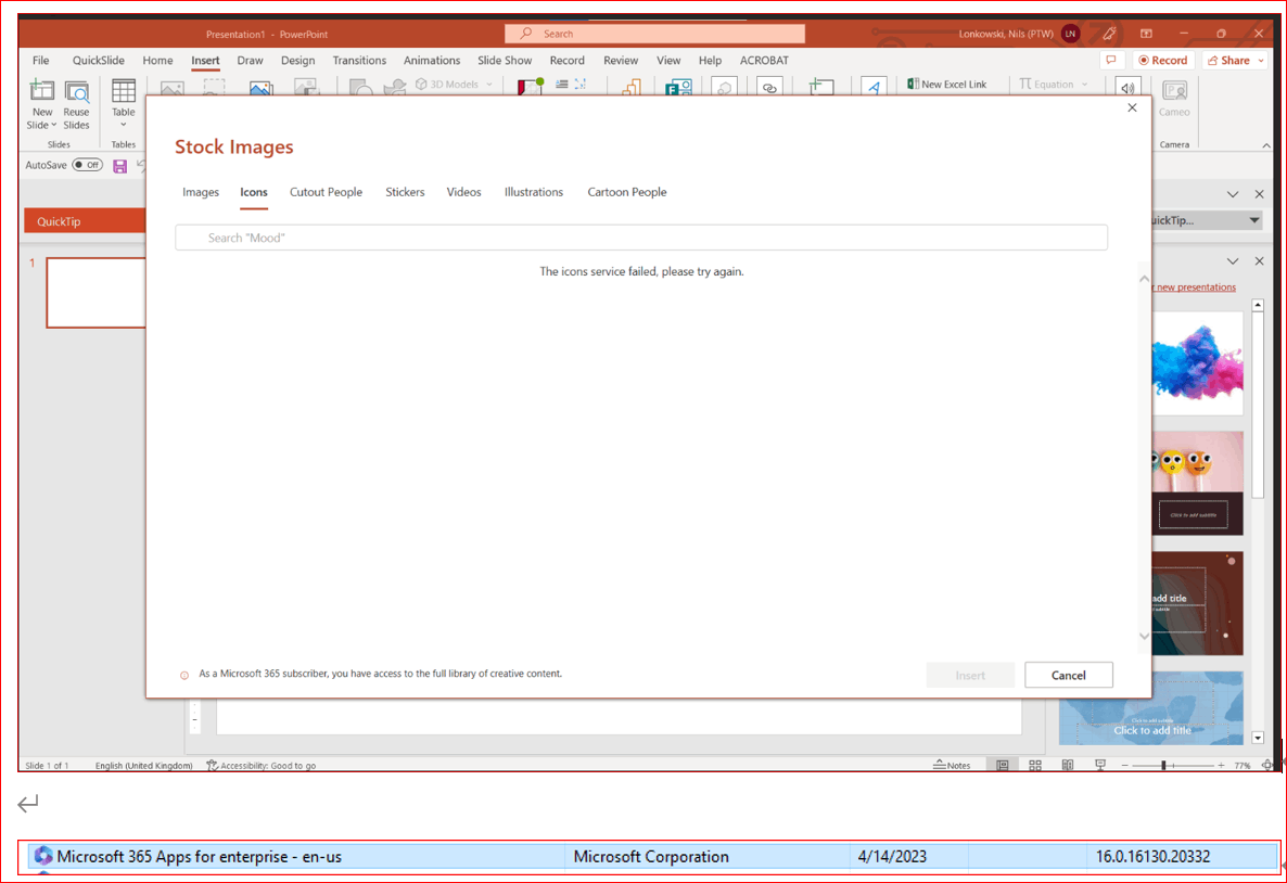 Error "The icons service failed, please try again." - Microsoft Q&A