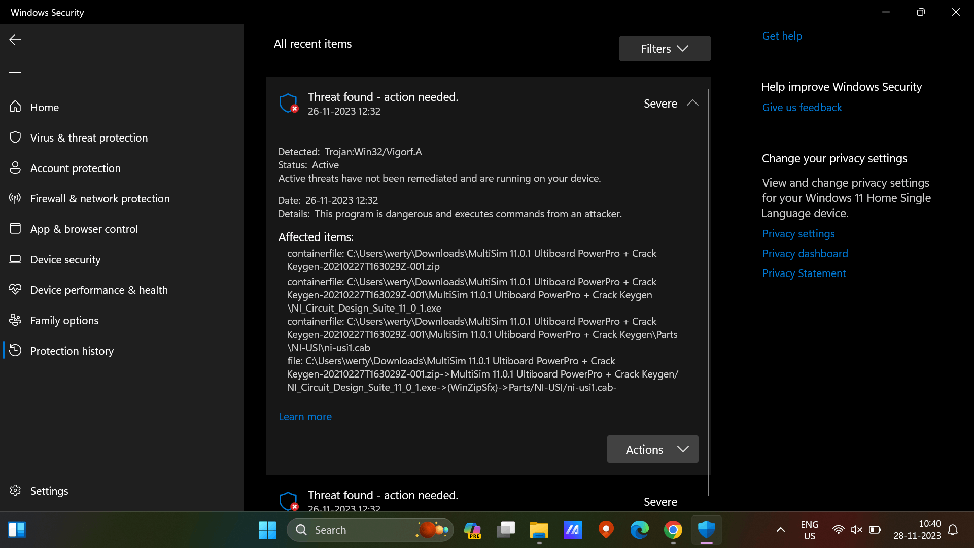 Trojan:Win32/Vigorf.A found in my system - Microsoft Q&A