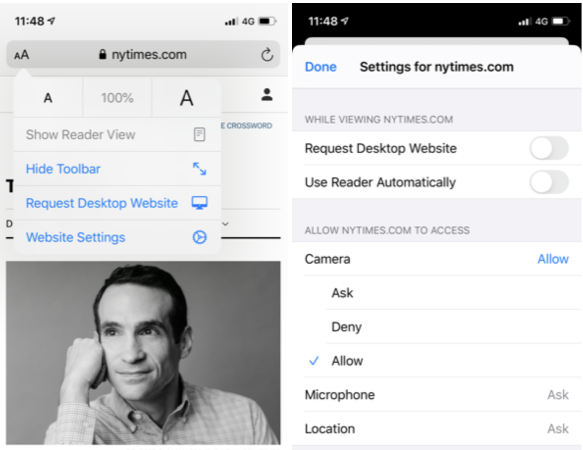 In Edge for iOS, how to change the per site permission setting for location service (geolocation ...