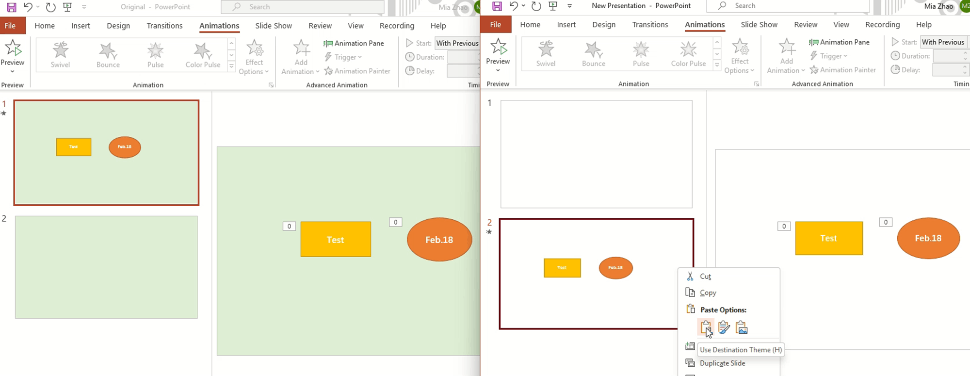 I want to copy a slide which has transition and animation in another ...