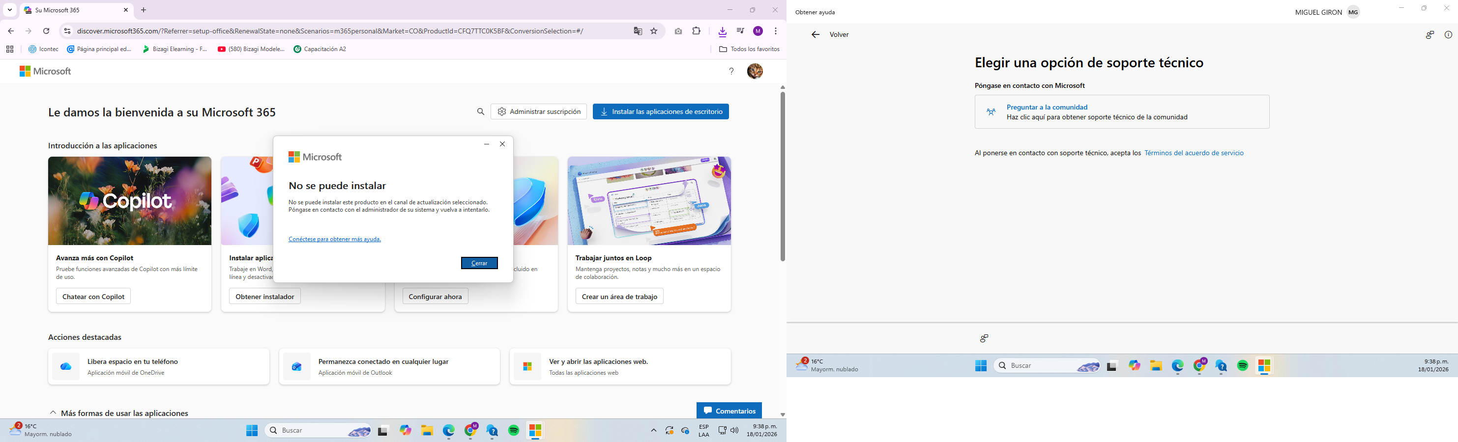 me genera error cuando voy a instalar la licencia office 365 ...