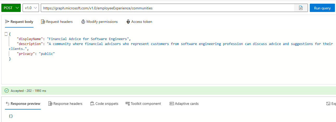 An error occurs when running Viva Engage's community-created Graph API ...