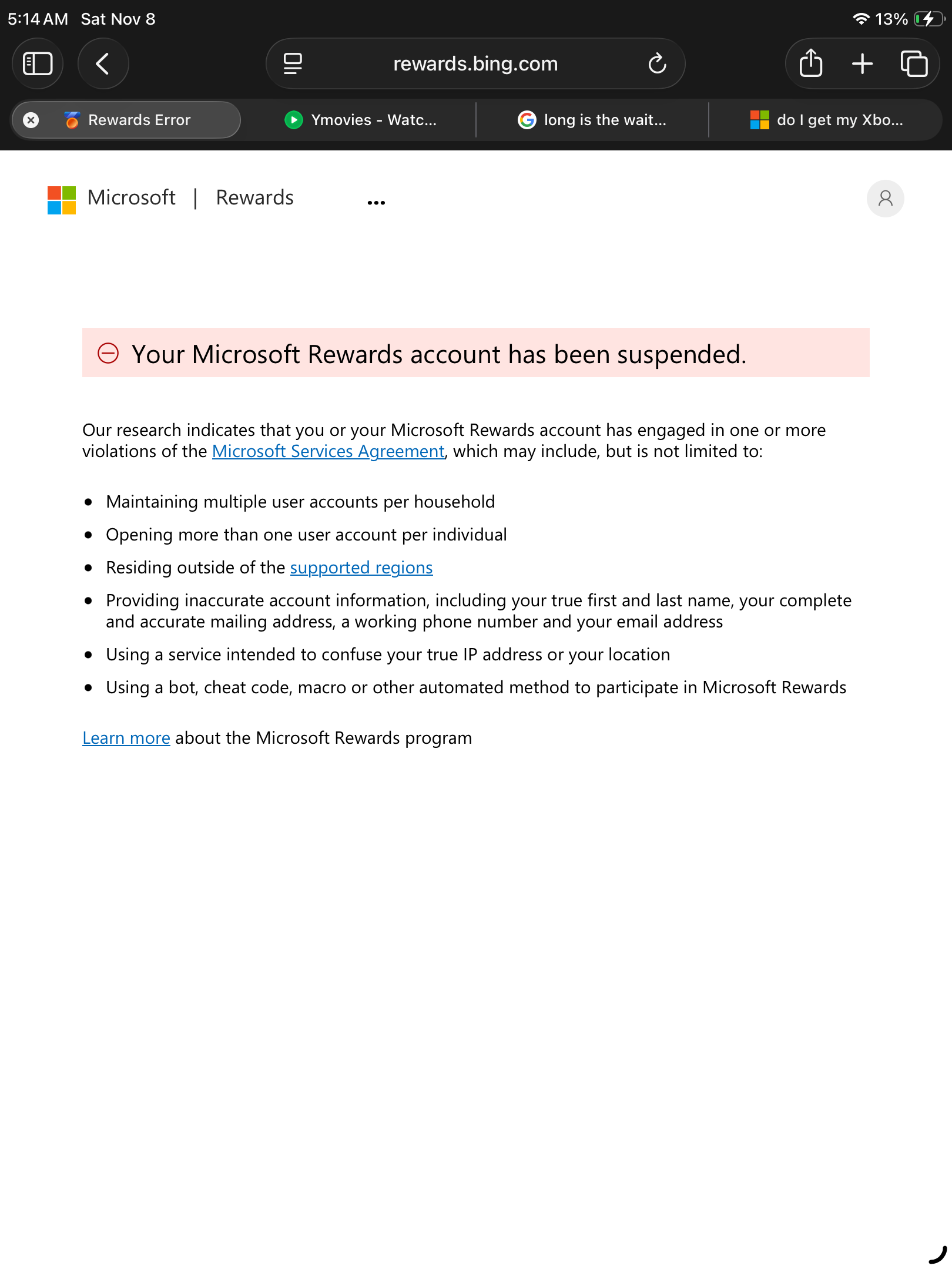 I just got suspended on my Microsoft rewards account - Microsoft Q&A