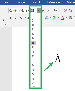 Cambria Math font symbols in character map are copied with a font size ...