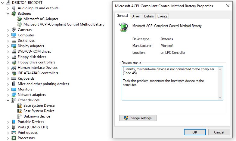 powercfg /battery report shows "No Batteries are currently installed ...