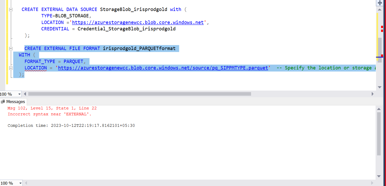 Error While Creating External Table Using Parquet File From Blob Storage Microsoft Qanda