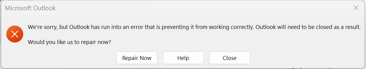 Keep getting error message "Outlook/Excel/Word has run into an error that is preventing it from ...