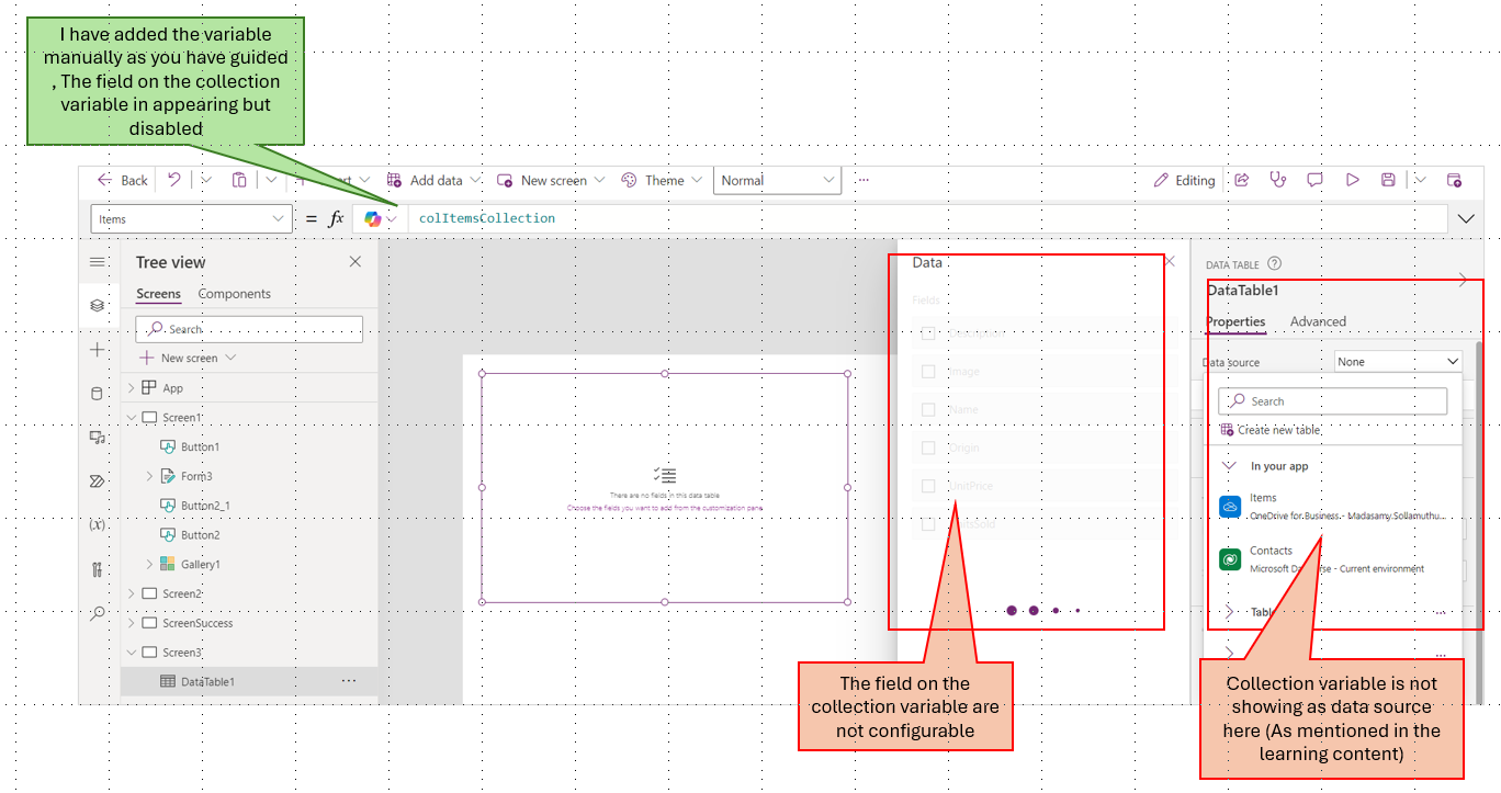 Collection Variable Table Data Is Not Showing In Add Data Option Microsoft Qanda