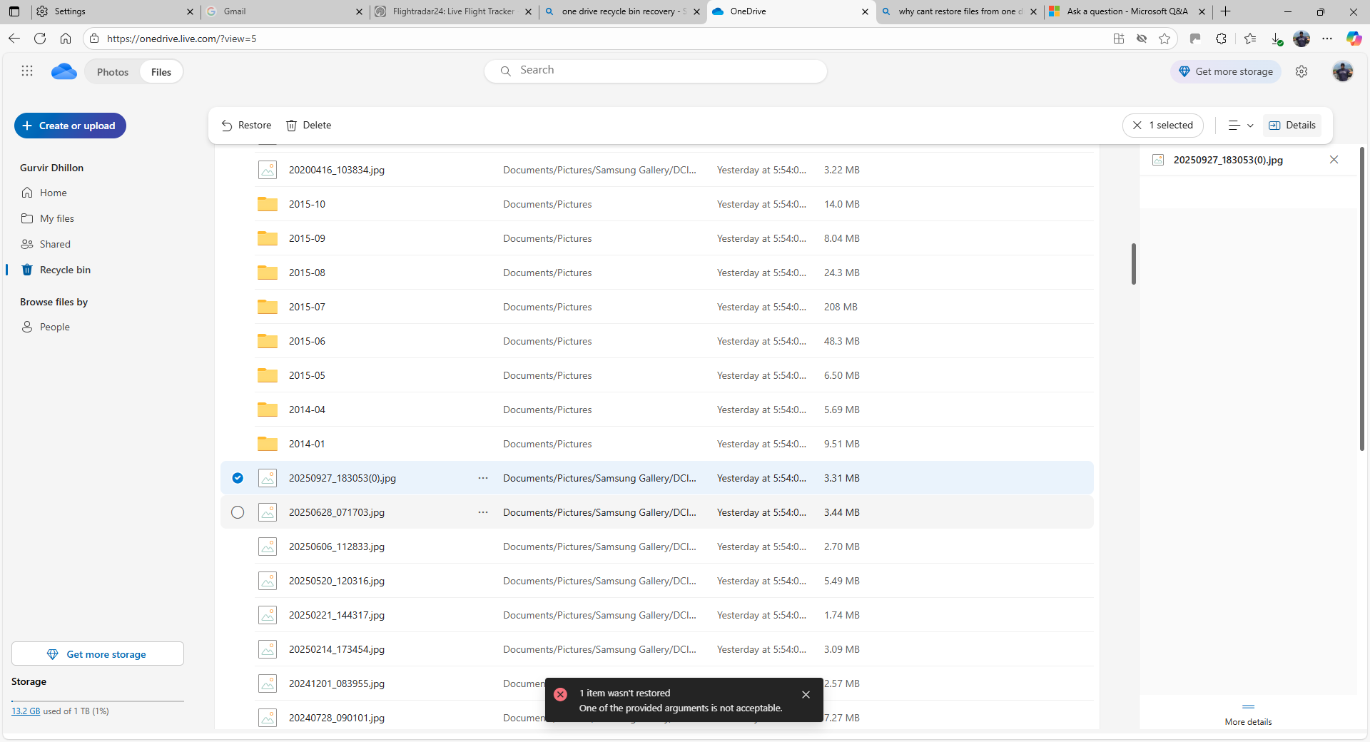 Restore from One drive recycle bin - Microsoft Q&A
