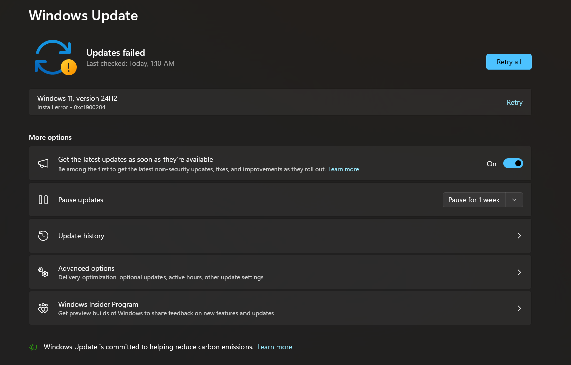 unable to install windows 11 update (24H2) error 0xc1900204 - Microsoft Q&A