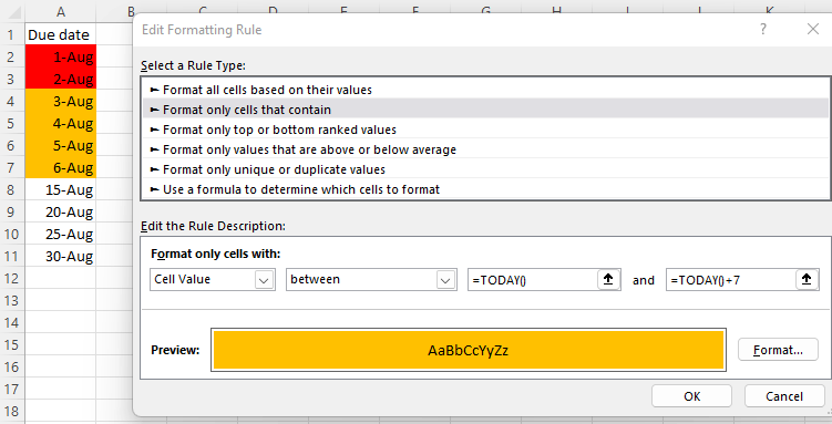 Set due dates in excel to produce warning when date is met. - Microsoft Q&A