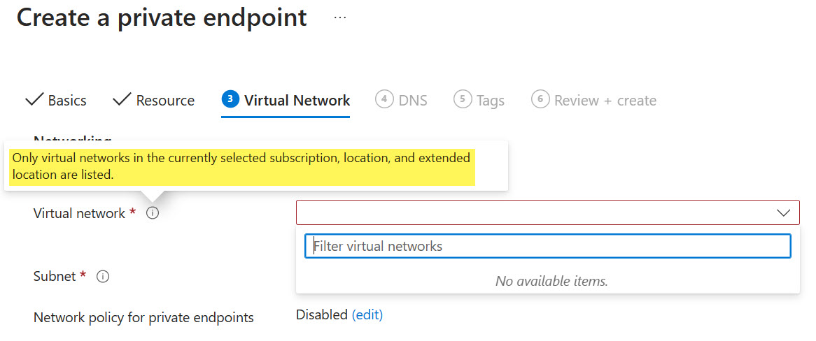 Virtual network isn't listed on my endpoint file share! - Microsoft Q&A