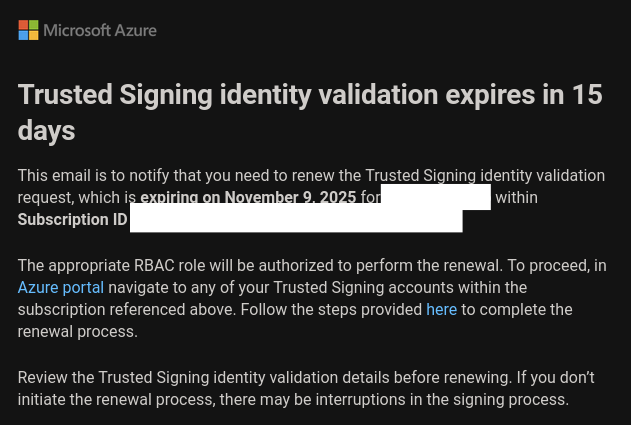 Do I need to take action for "Renew Trusted Signing identity validation ...