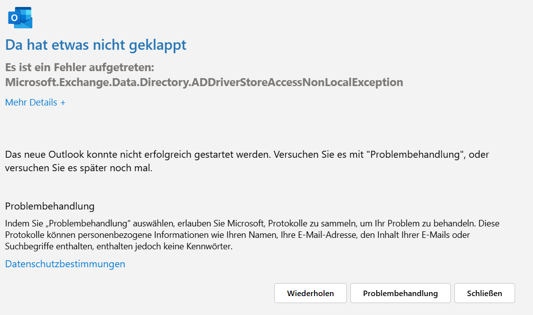 Das neue Outlook kann nicht gestartet werden. - Microsoft Q&A