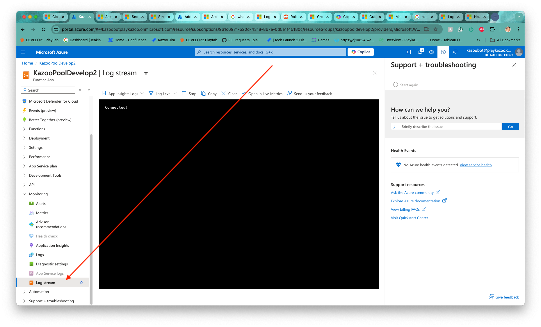 What permission is required to give another user access to log stream for a function app ...