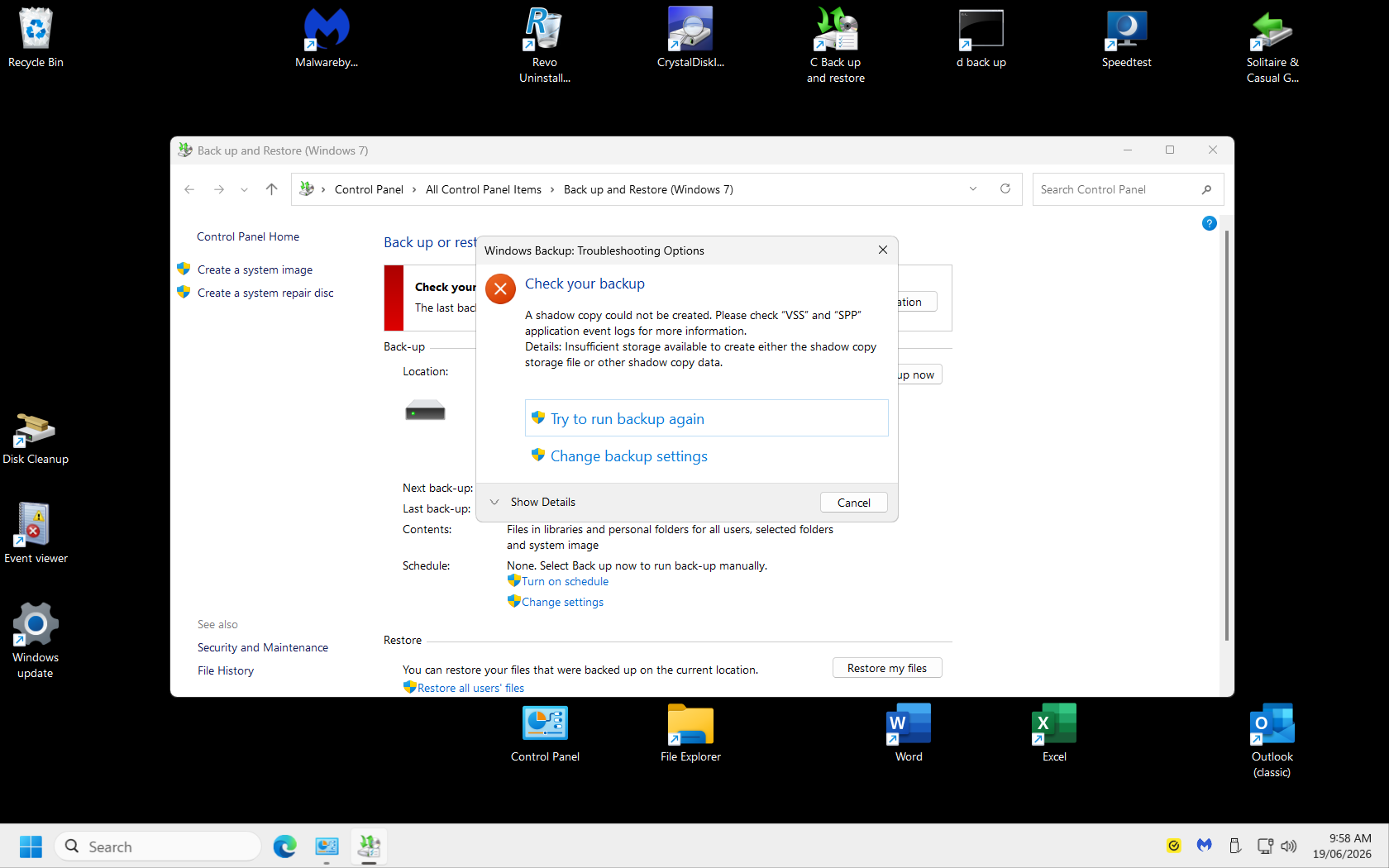 Insufficient storage space for shadow copy. - Microsoft Q&A