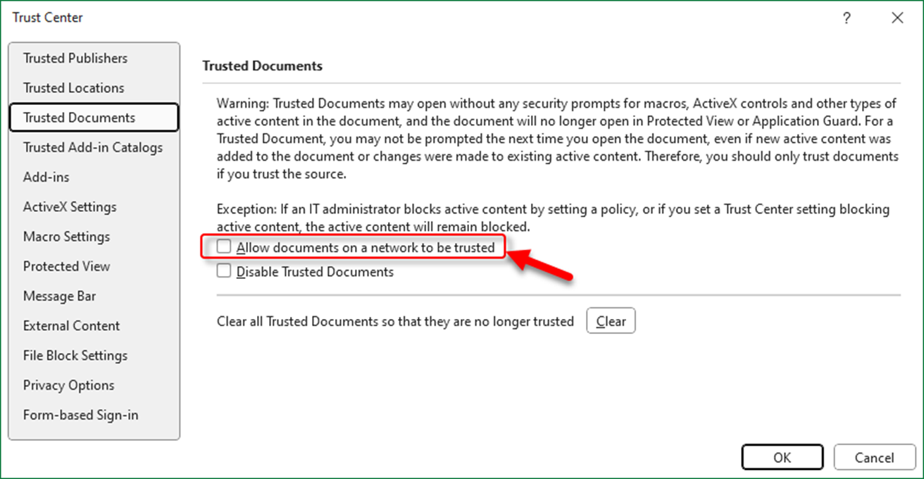 Why is an Excel workbook not added as a trusted document when it is stored in OneDrive folder ...