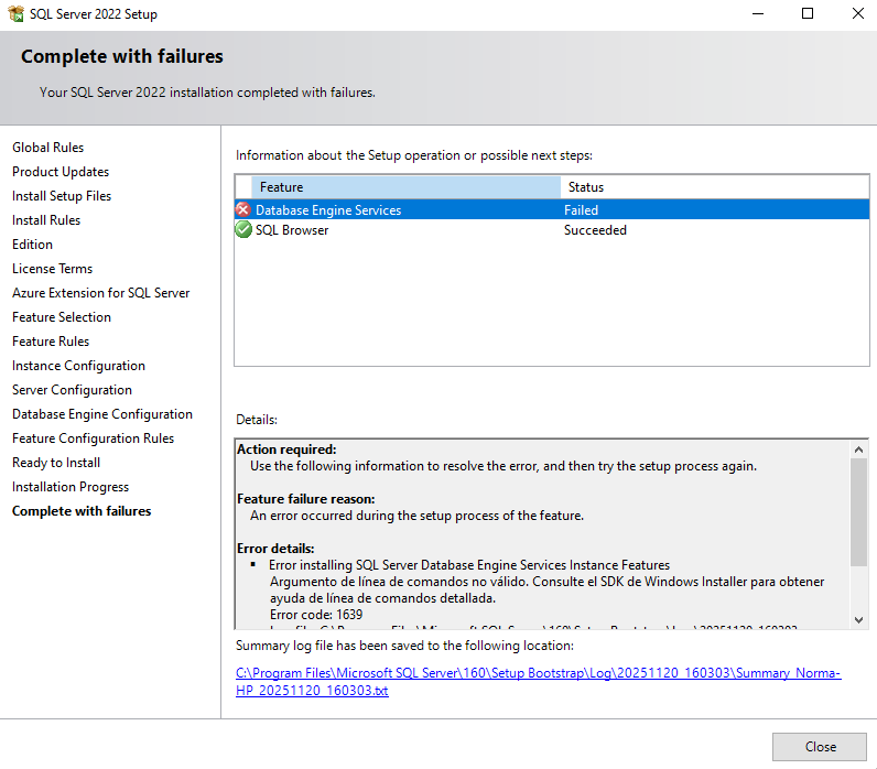 Error al querer instalar el motor del SQL Server 2022 - Microsoft Q&A