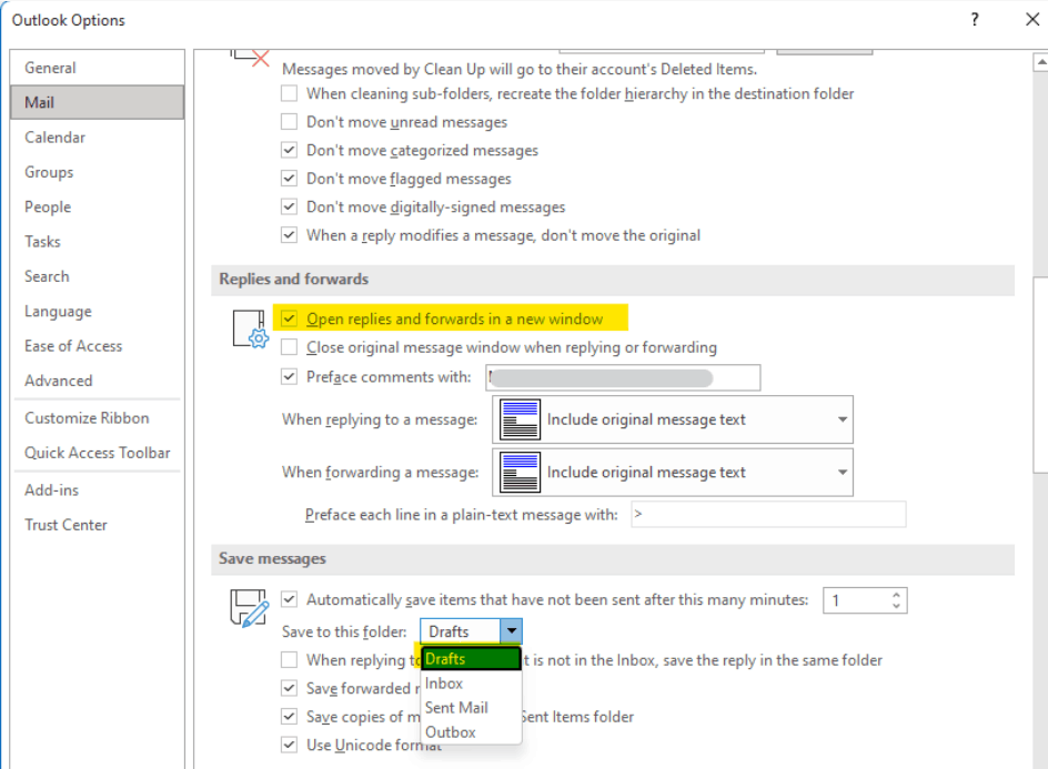 I'm using Outlook 365, I believe. When I open my email, it automatically opens to the drafts ...