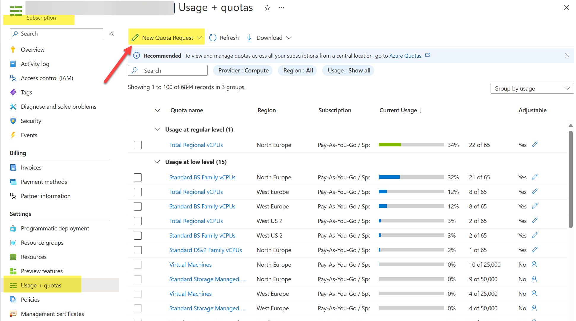 Increasing VM quotas on Azure AI | Machine Learning Studio | Default Directory | Quota ...