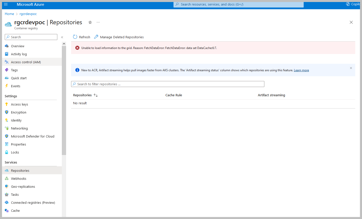 Azur Container Registry - Repositories error - Microsoft Q&A