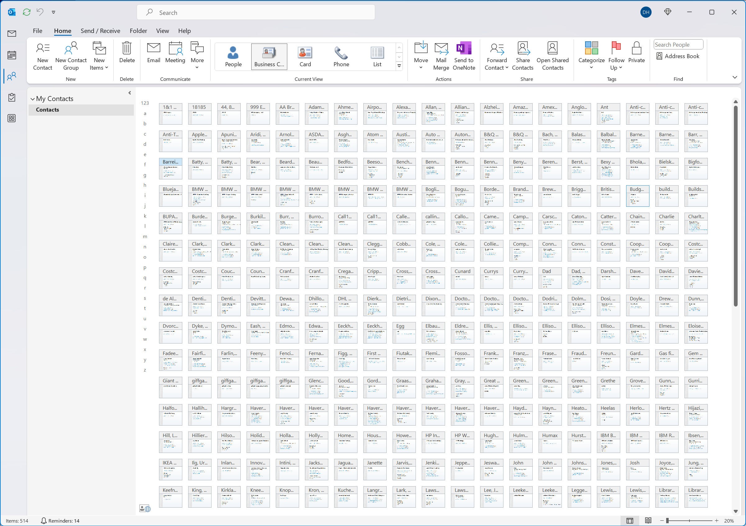 "Business cards" view in Outlook contacts shows tiny, unreadable cards ...