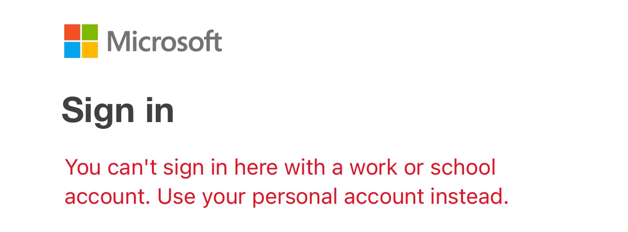 Outlook Error: “You cant’t sign in here with a work or school account ...