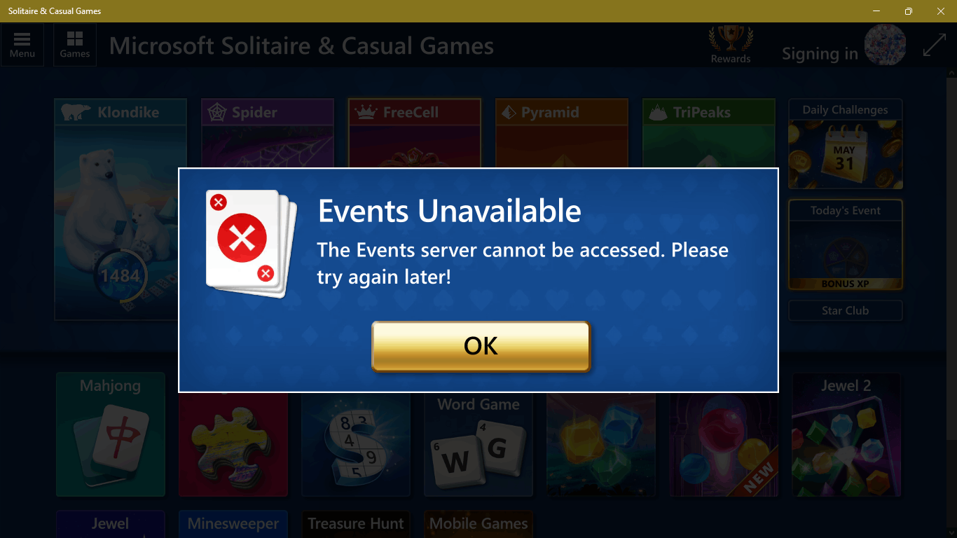 Microsoft Solitaire Collection won't load Today's Event - Microsoft Q&A