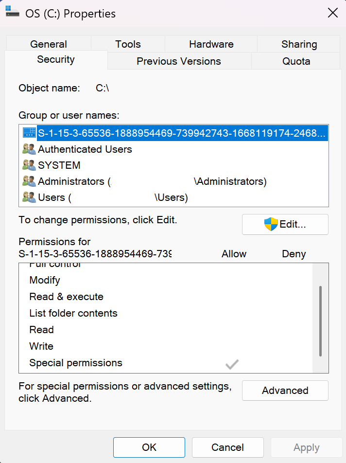 Take ownership of drive under Account Unknown (S-1-15-3-*) - Microsoft Q&A