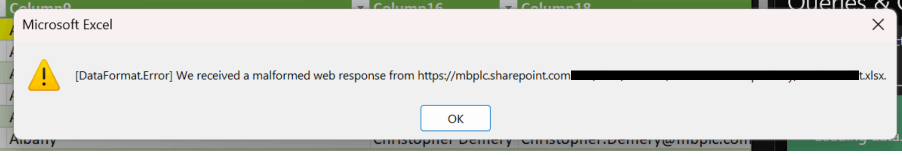 Power query - "malformed web response" error - Microsoft Q&A